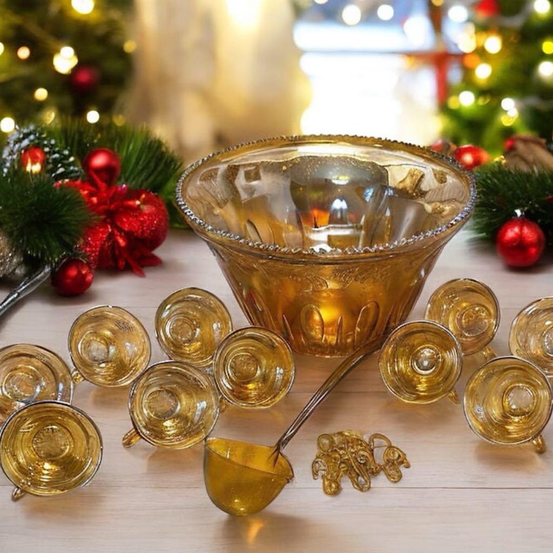Indiana Glass Harvest Grape Punch Bowl Set – Marigold Amber Gold, 12 ...