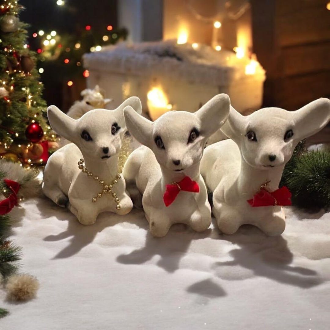 Vintage Flocked Deer Set of 3 – Laying Deer With Red Christmas Bow ...