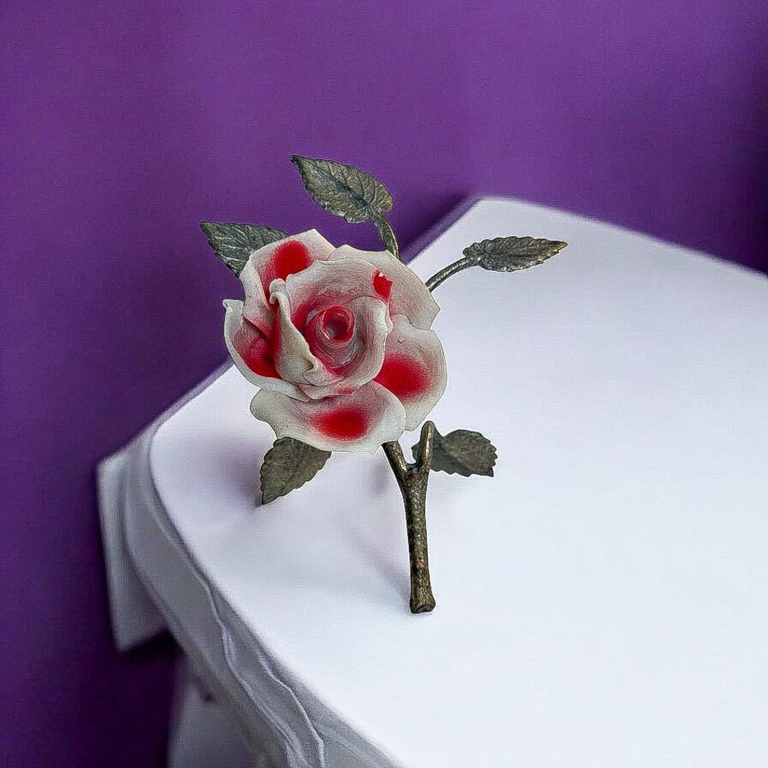 Vintage Capodimonte Porcelain Rose, Brass Stem and Leaves With Thorns ...