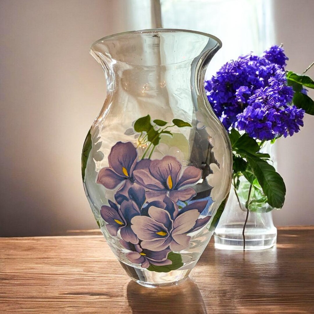 Vintage Teleflora Glass Vase, Clear Glass Vase Purple Flowers, Retro ...