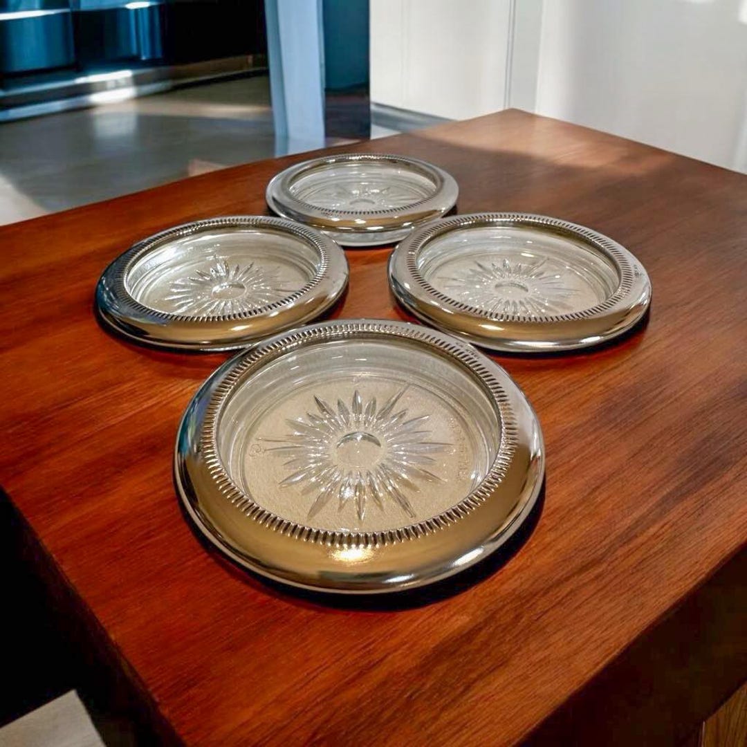Vintage MCM Leonard Italy Silver Plated Genuine Crystal Coasters Set of ...