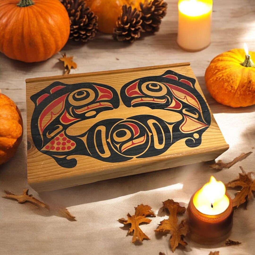 Vintage 1980s Haida Cedar Wood Sliding Box With Orca Whale Design ...