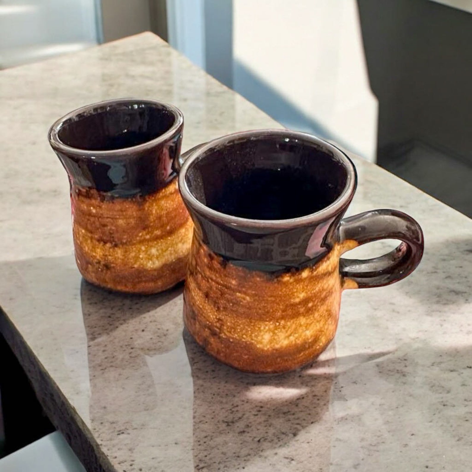 Set of 2 Vintage Lava Drip Pottery Coffee Mugs Brown and Orange Retro ...