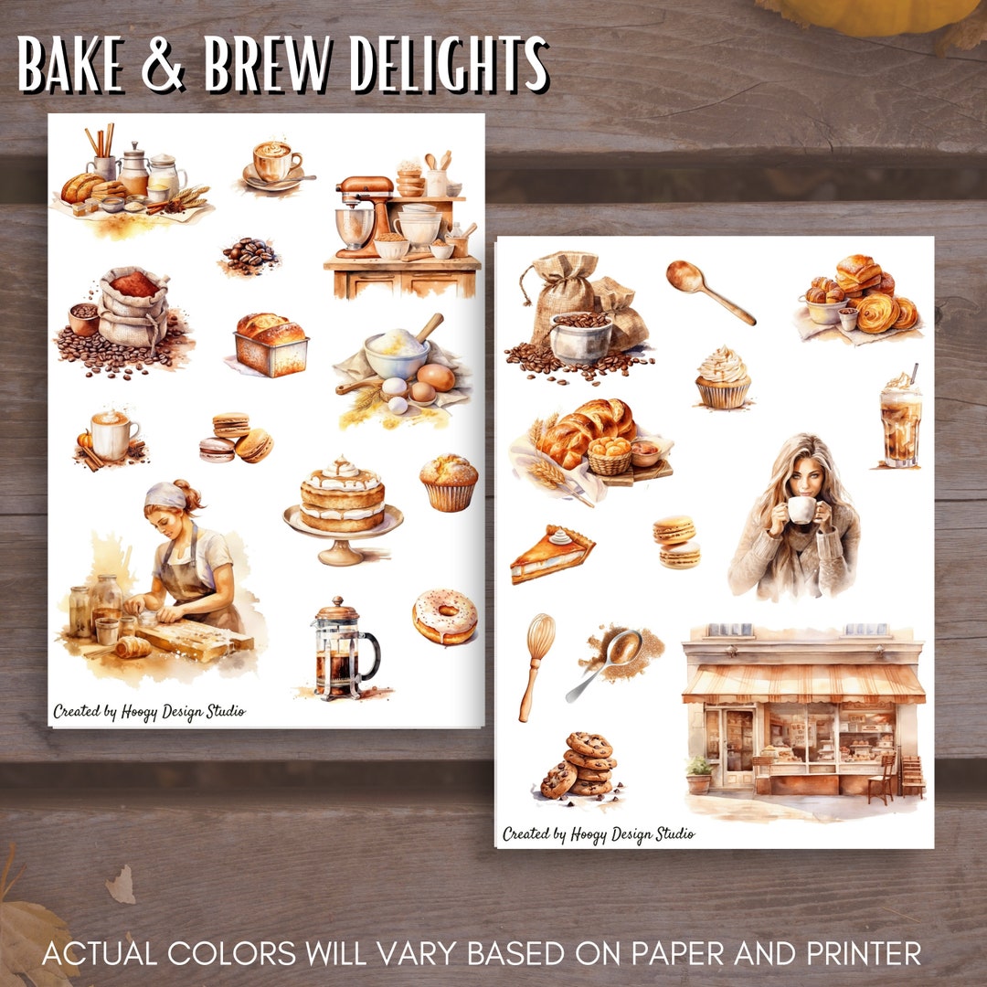 Watercolor Bake & Brow Delights Printable Sticker Sheets Baking Coffee ...