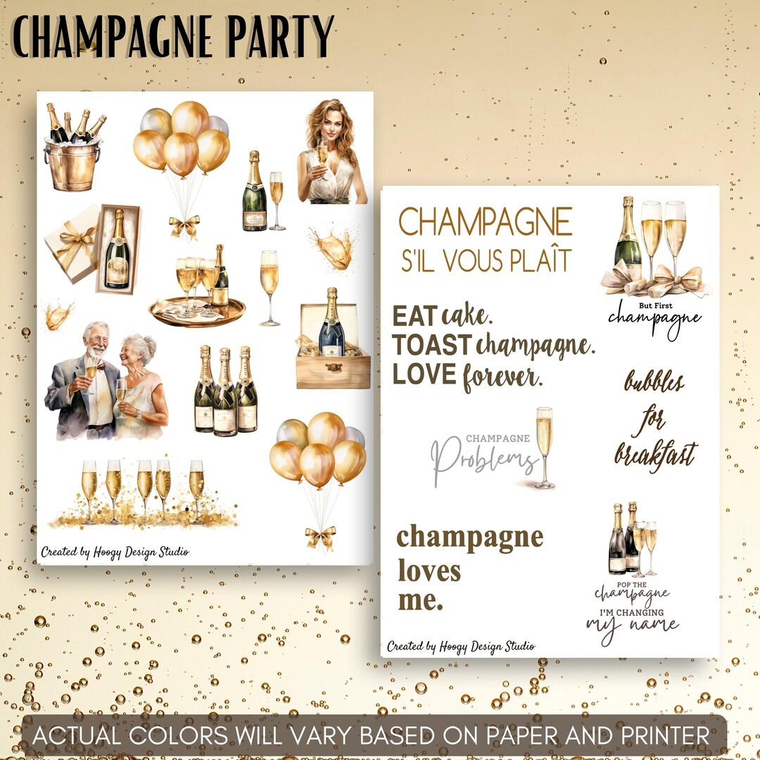 Champagne Party Printable Sticker Sheets | Festive Celebration Gold ...