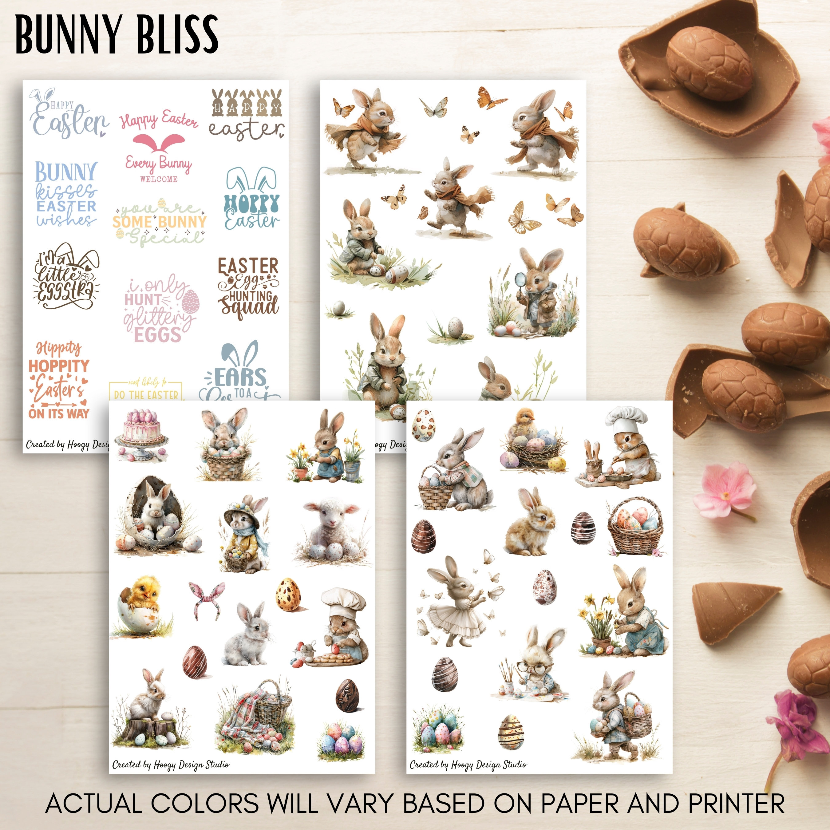 Bunny Bliss Printable Sticker Sheets | Soft Colored Easter Bunnies Eggs ...
