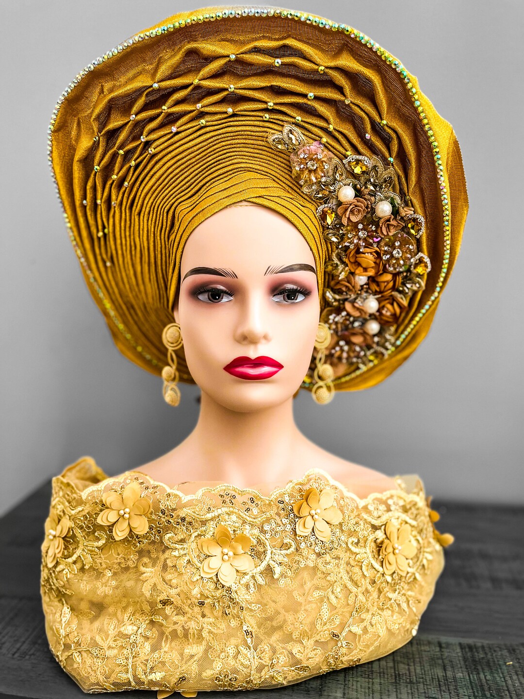 African Autogele Autogele Ready to Wear African Head Tie Turban Gold ...