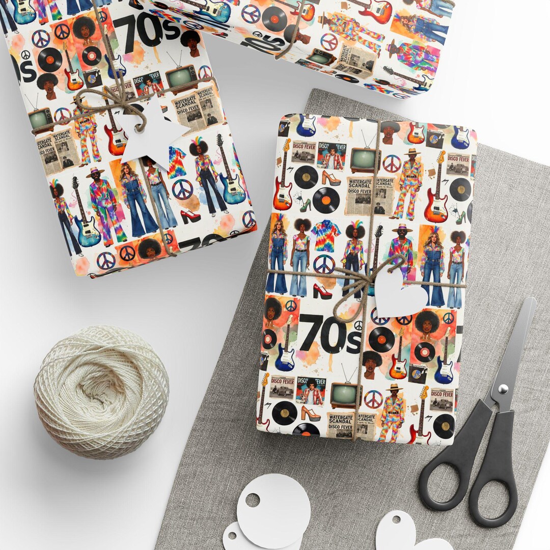 70s Gift Wrapping Paper | Disco Balls, Bell Bottoms, Vinyl Records ...