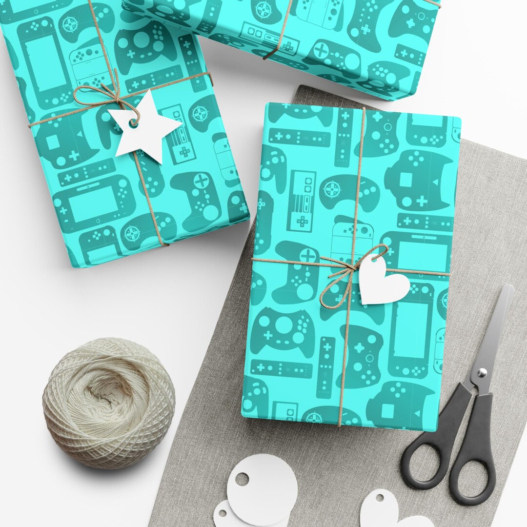 Retro Gaming Controller Wrapping Paper in Teal Featuring Iconic ...