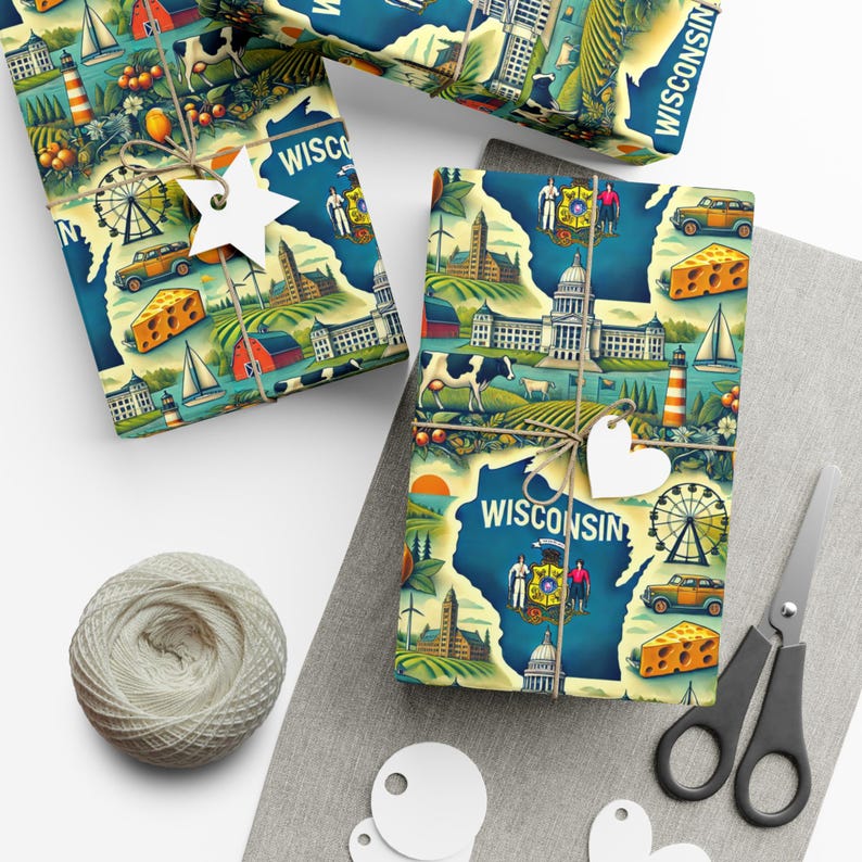 Wisconsin Gift Wrapping Paper | State Map, Barns & Dairy Cows - Etsy