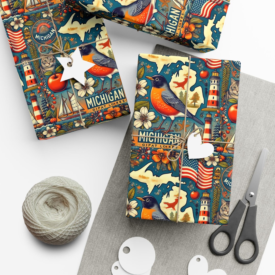 Michigan Gift Wrapping Paper | State Flag, Robins, Apple Blossoms - Etsy