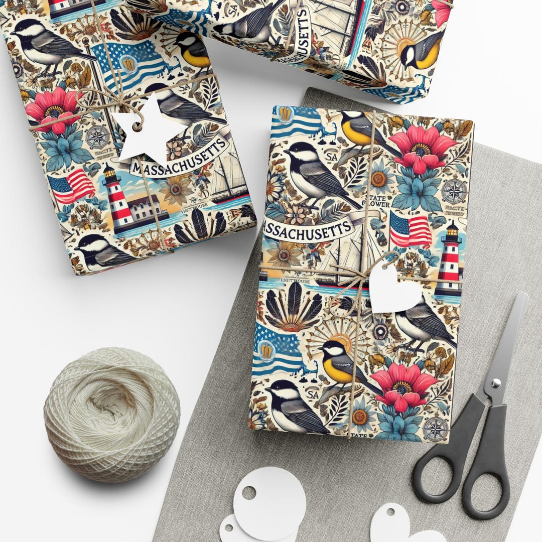 Massachusetts Gift Wrapping Paper | State Flag, Chickadees, Mayflowers ...