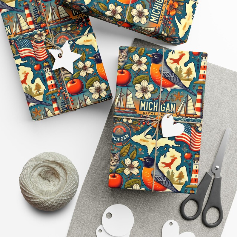 Michigan Gift Wrapping Paper | State Flag, Robins, Apple Blossoms - Etsy