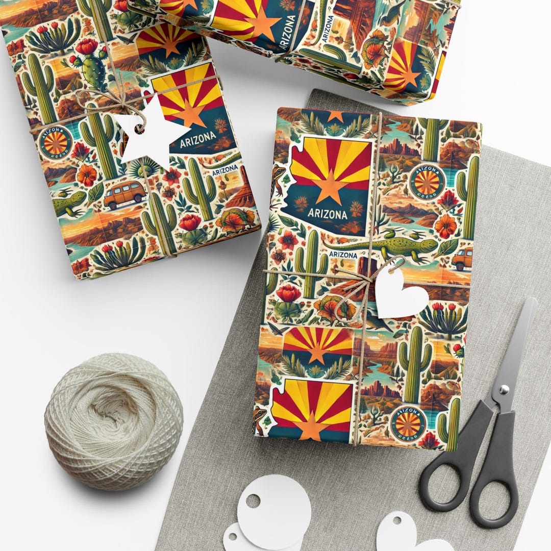 Arizona Themed Gift Wrapping Paper Cactus Desert Sunset and State Flag ...