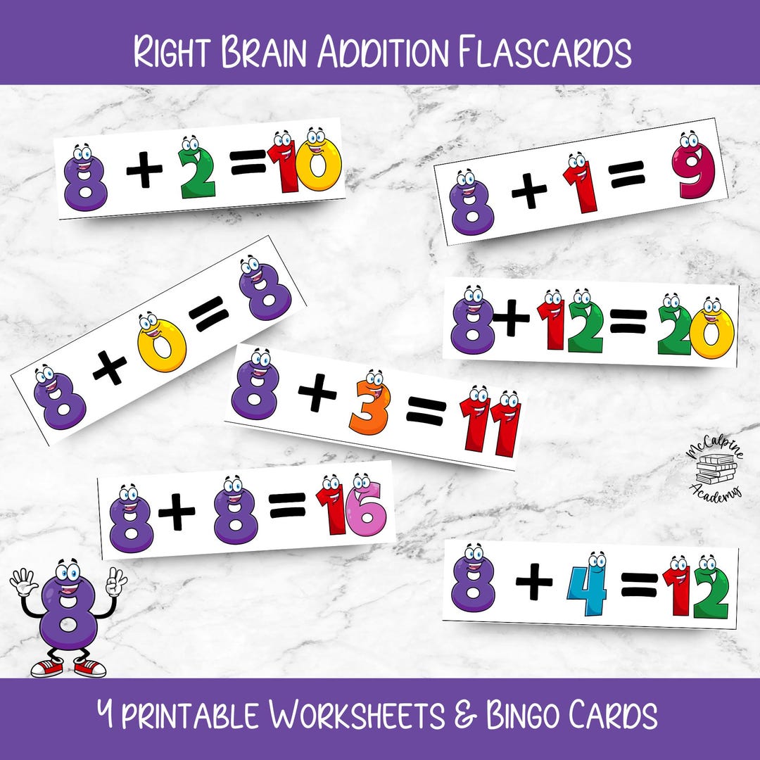 Right Brain Flashcards Addition: Adding 8’s Math Facts/sums to 20 - Etsy