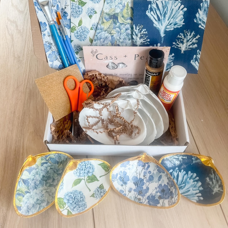 Blue Decoupage Clam Shell Kit, DIY Shell Kit, Party Favor, Crafting ...