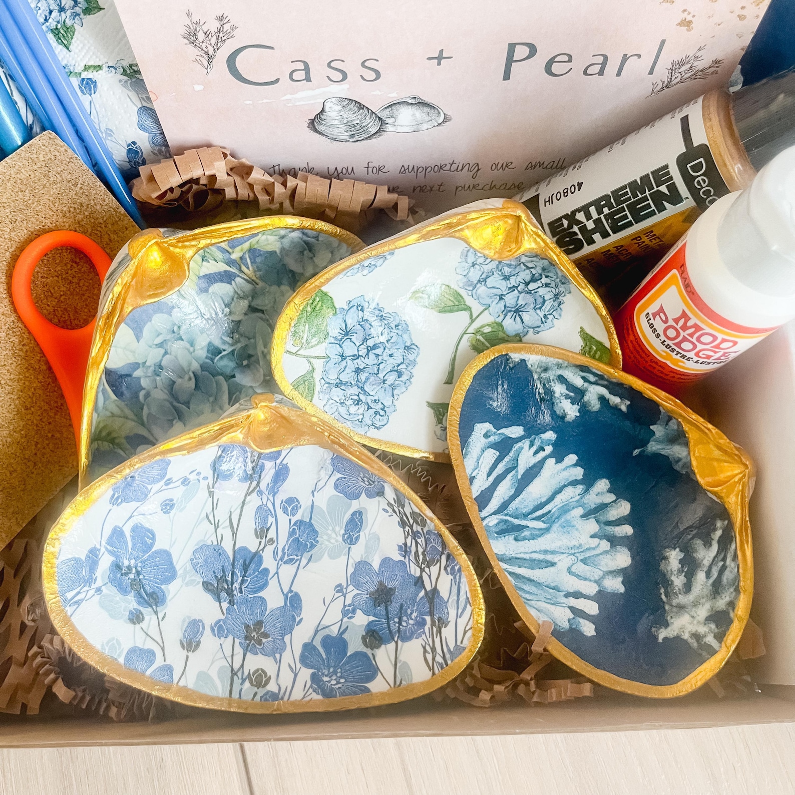 Blue Decoupage Clam Shell Kit, DIY Shell Kit, Party Favor, Crafting ...