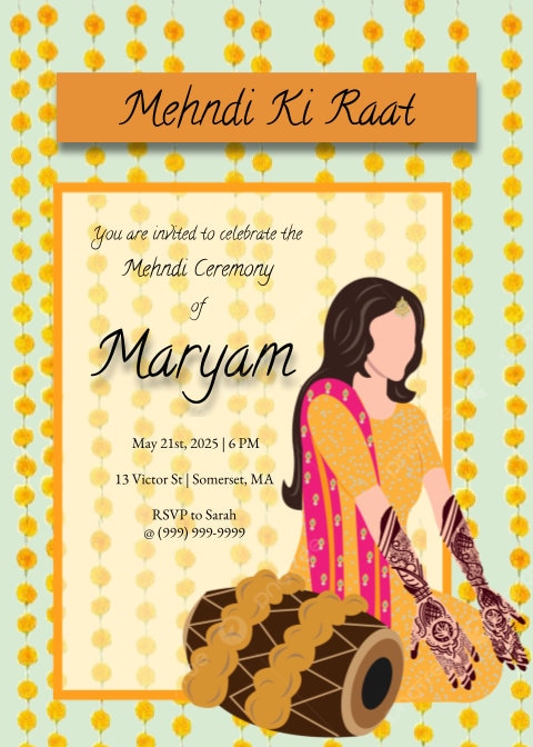 Mehndi Ki Raat, Dholki, Mayoun Invitation, Mendhi, Marigold, Template ...