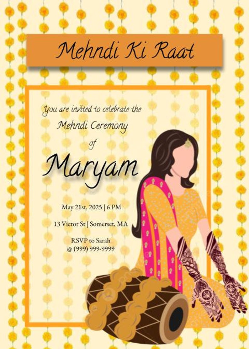 Mehndi Ki Raat, Dholki, Mayoun Invitation, Mendhi, Marigold, Template ...