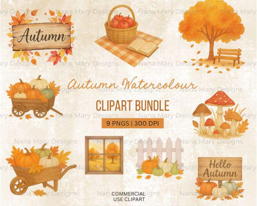 Whimsical Autumn Watercolor Clipart Set — 9 Pngs (transparent ...