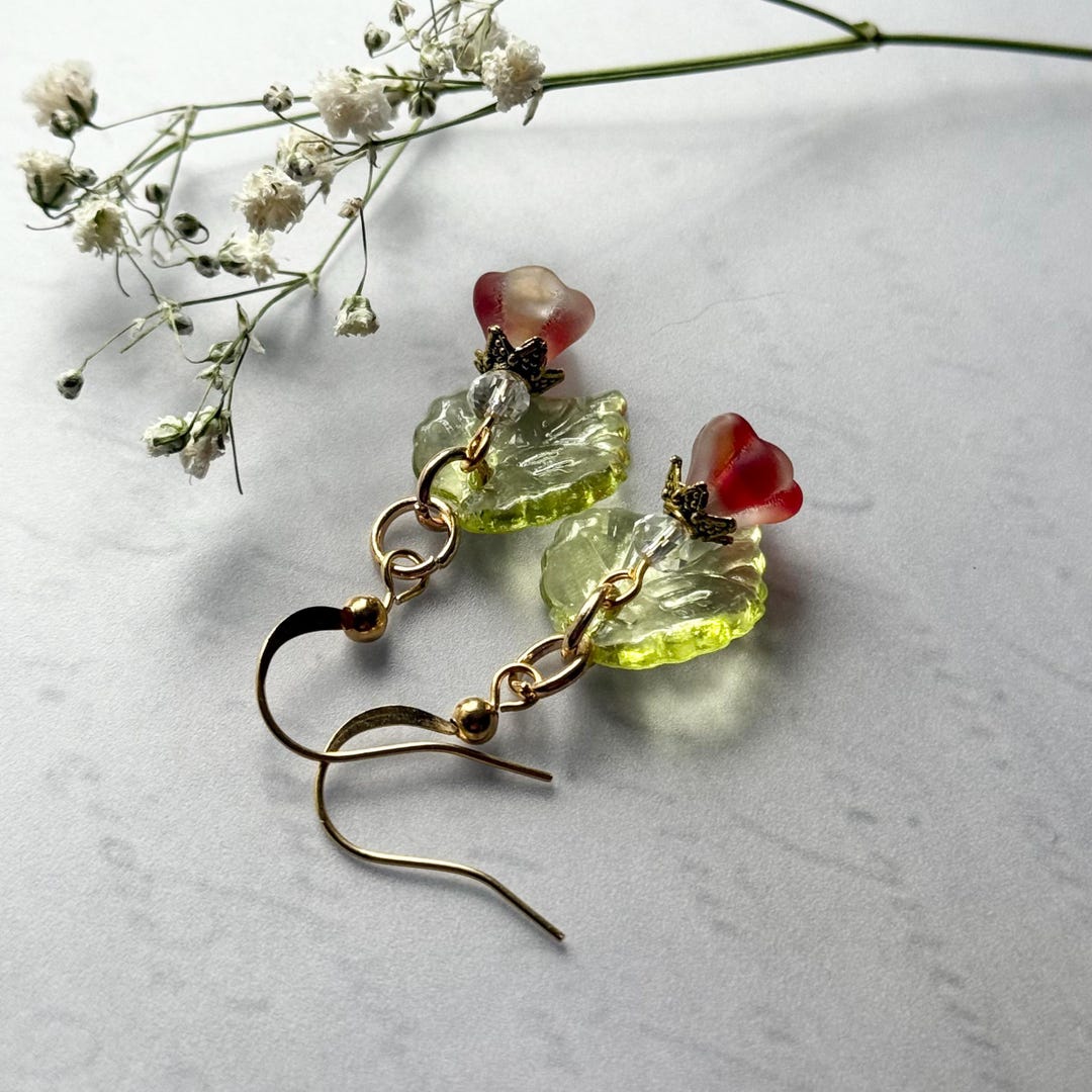 Handmade Bell Flower Dangle Earrings , Red Glass Flower Buds and ...