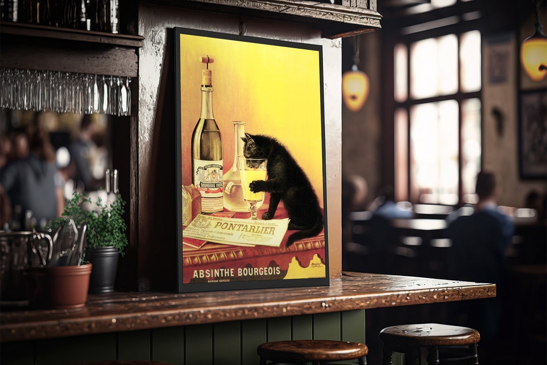 Black Cat Drinking Absinthe Vintage French Advert, Art Nouveau, Vintage ...