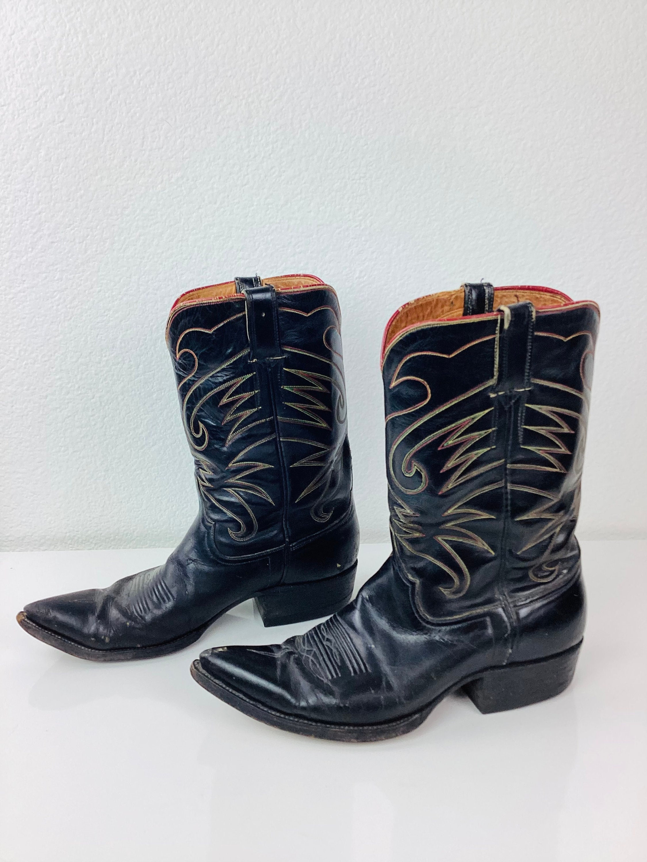 Vintage BLACK EMBROIDERED Pointed Toe Stacked Heel Cowtown Cowboy Boots ...