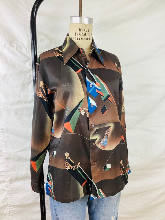 Vintage 1970s SURREALIST GEOMETRIC PHOTO Shirt Butter… - Gem