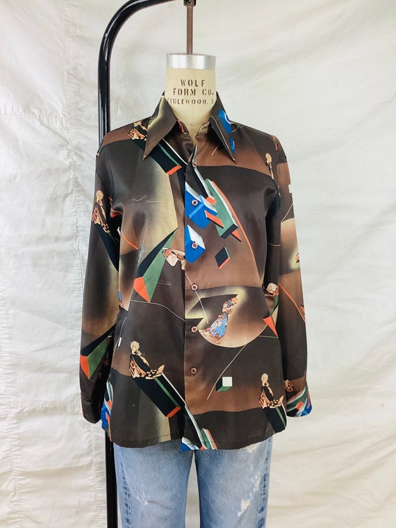 Vintage 1970s SURREALIST GEOMETRIC PHOTO Shirt Butter… - Gem