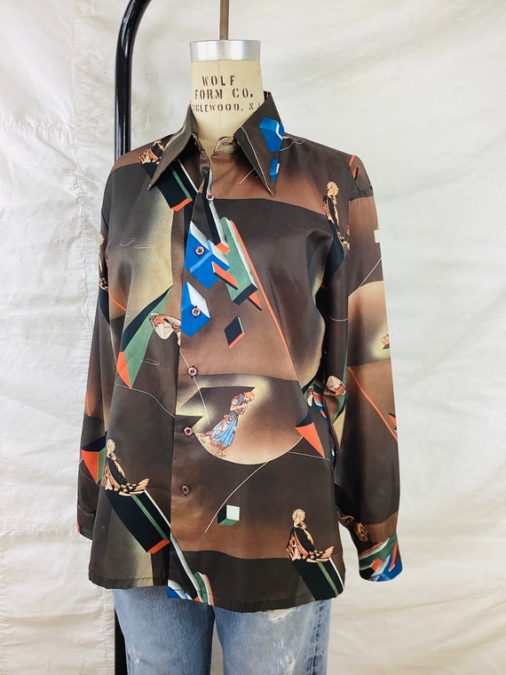 Vintage 1970s SURREALIST GEOMETRIC PHOTO Shirt Butter… - Gem