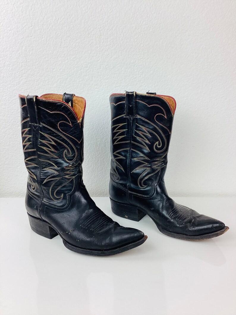 Vintage BLACK EMBROIDERED Pointed Toe Stacked Heel Cowtown Cowboy Boots ...