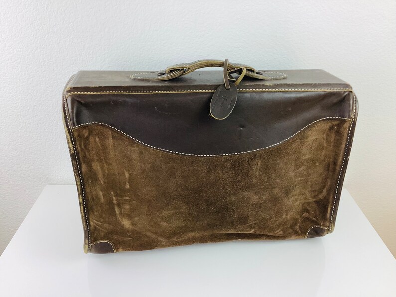 Vintage 1970s CARRY ON & Overnight SUITCASE Brown Suede and Leather ...