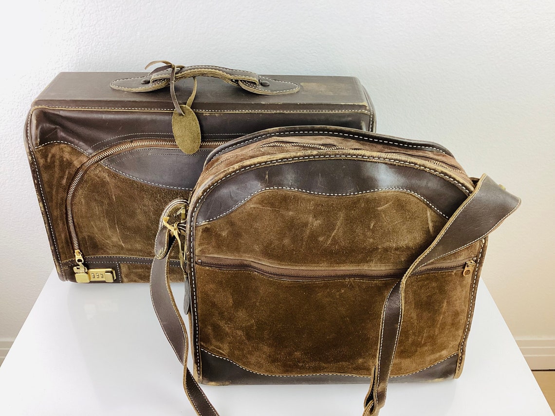 Vintage 1970s CARRY ON & Overnight SUITCASE Brown Suede and Leather ...