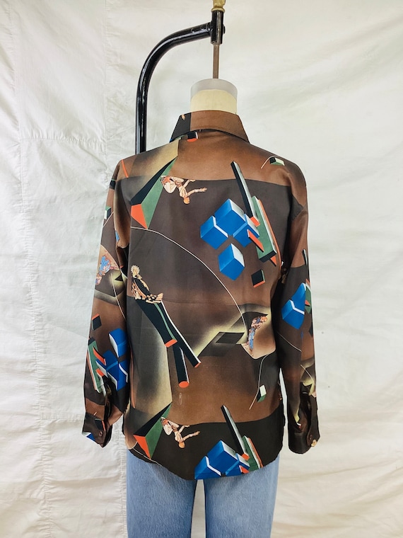 Vintage 1970s SURREALIST GEOMETRIC PHOTO Shirt Butter… - Gem