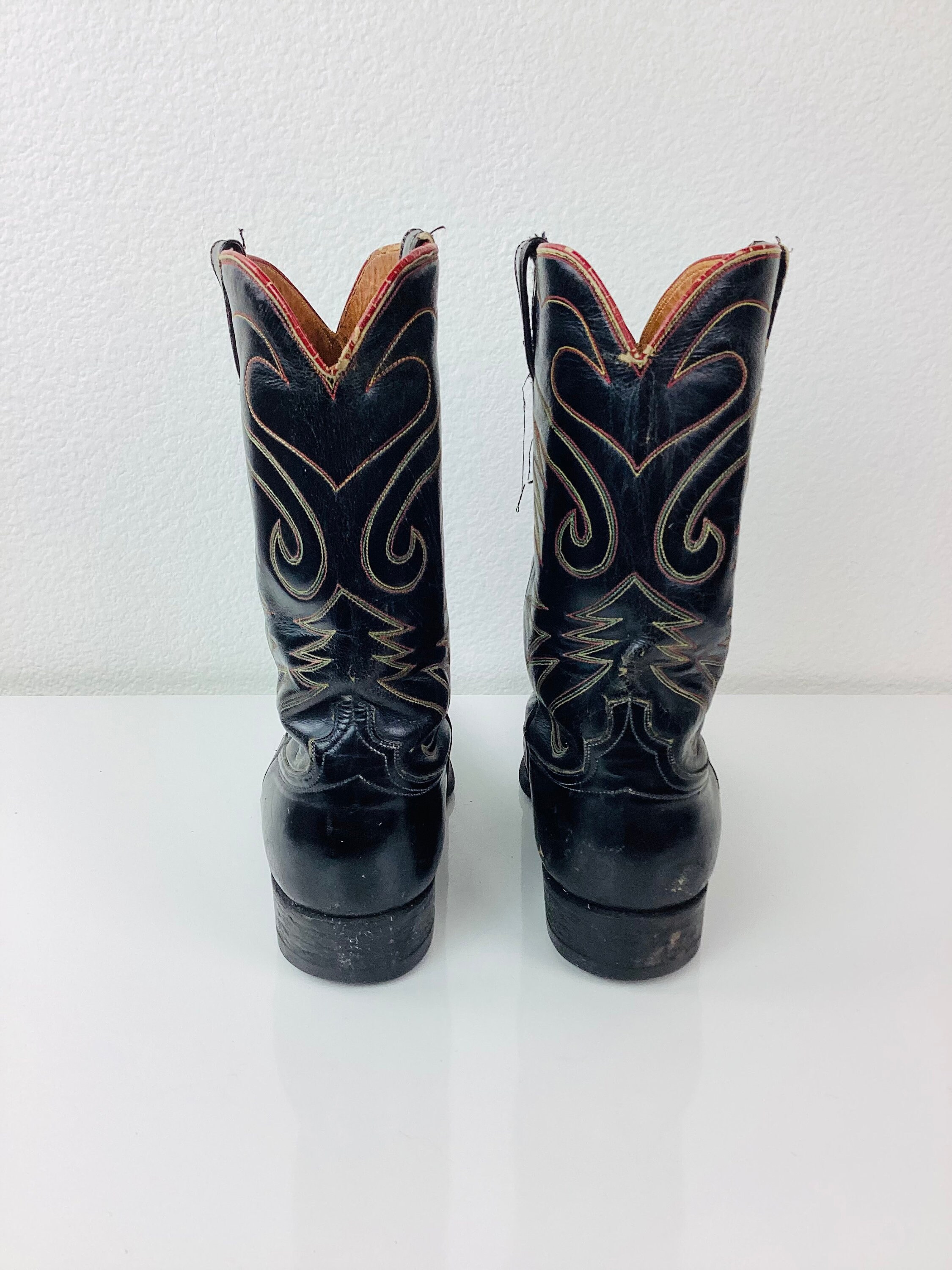 Vintage BLACK EMBROIDERED Pointed Toe Stacked Heel Cowtown Cowboy Boots ...