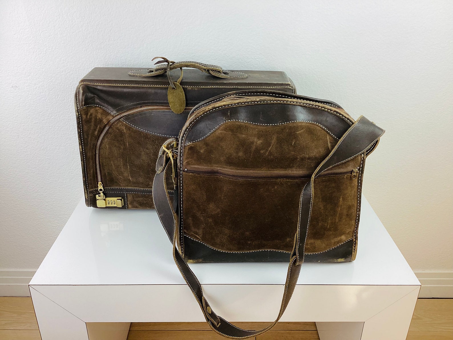 Vintage 1970s CARRY ON & Overnight SUITCASE Brown Suede and Leather ...