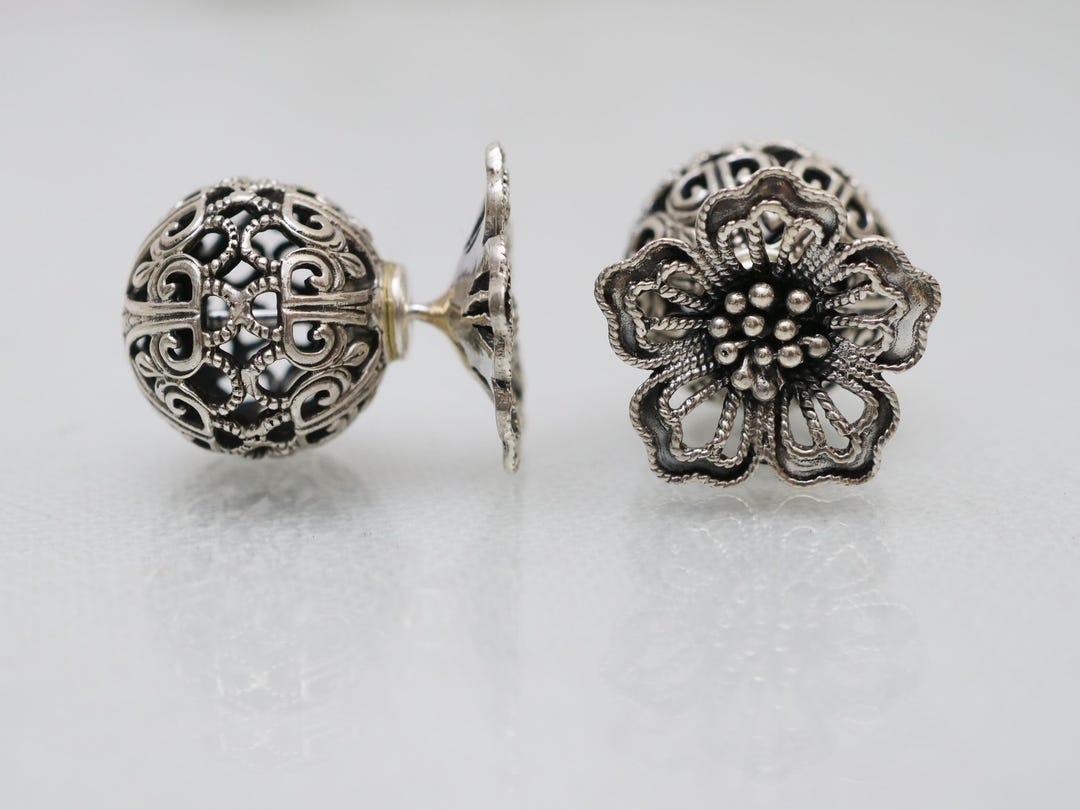 Black Patina Silver Big Ball Stud Earrings, Single Flower and Ball ...