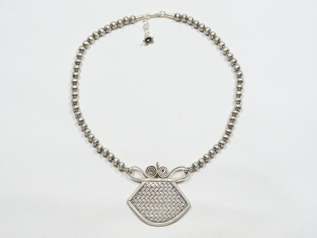 Silver Bead Necklace With Hmong Soul Lock (phiaj) Pendant - Etsy
