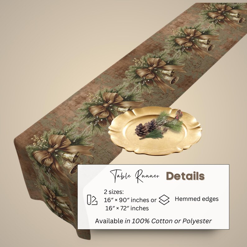 Vintage Christmas Table Runner: Bells & Gold Bows, Rustic Holiday Decor ...