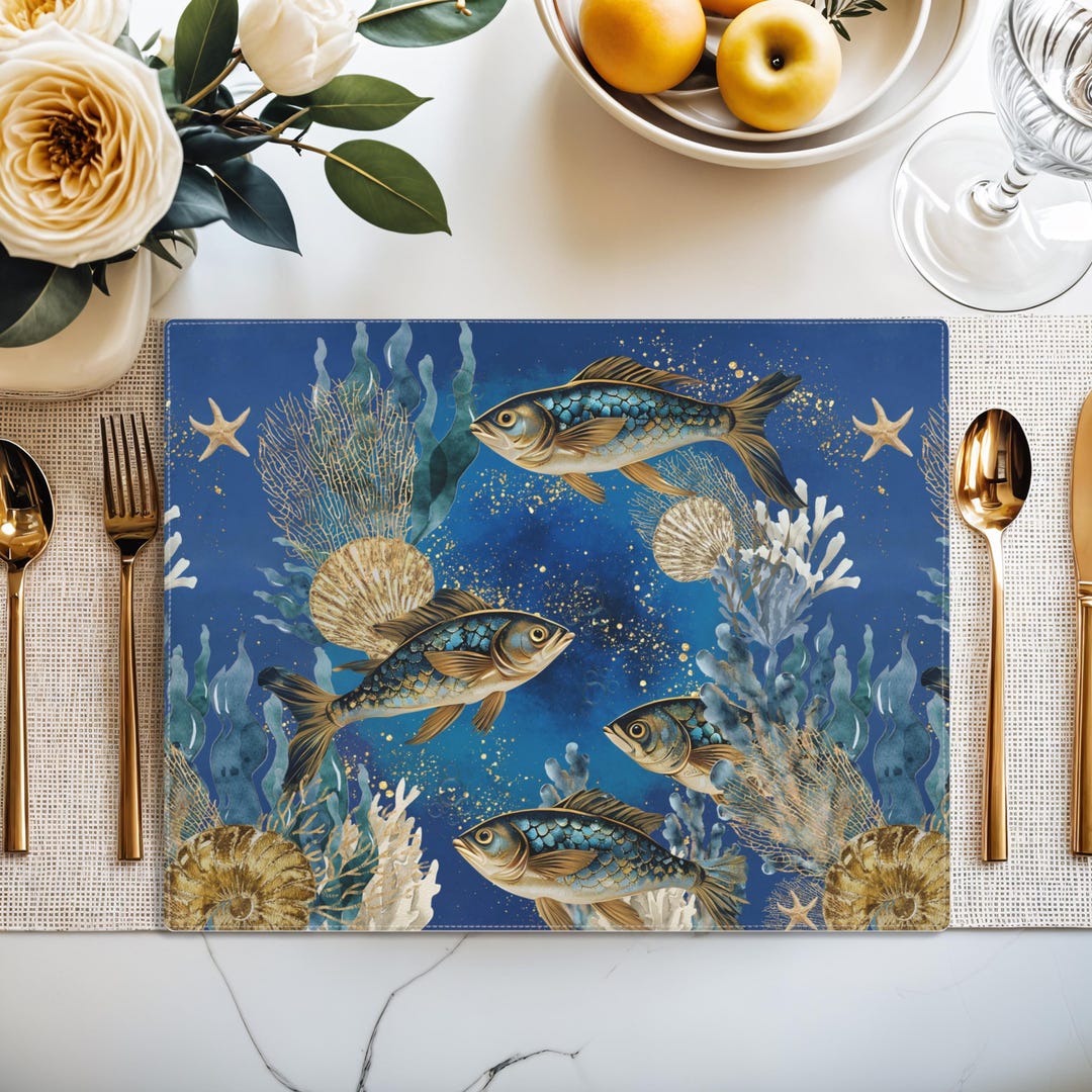 Coastal Placemat Ocean Coral Reef Cotton 18"x14" Washable Beach House ...