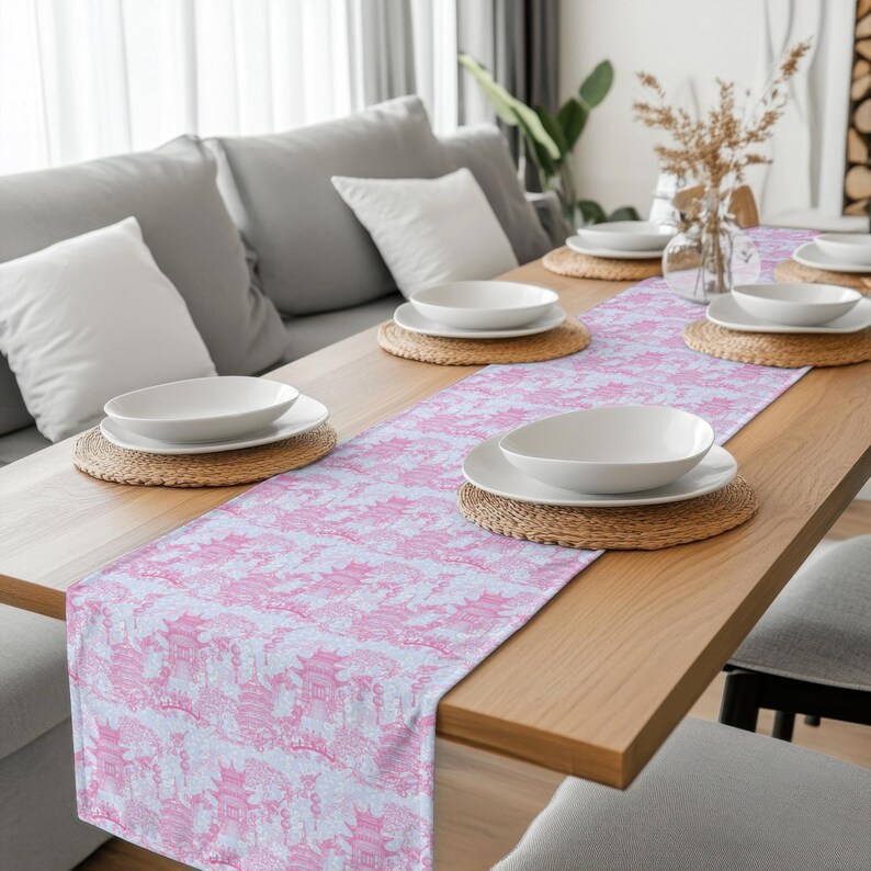 Pink and Blue Chinoiserie Cotton Table Runner and Placemat Set ...