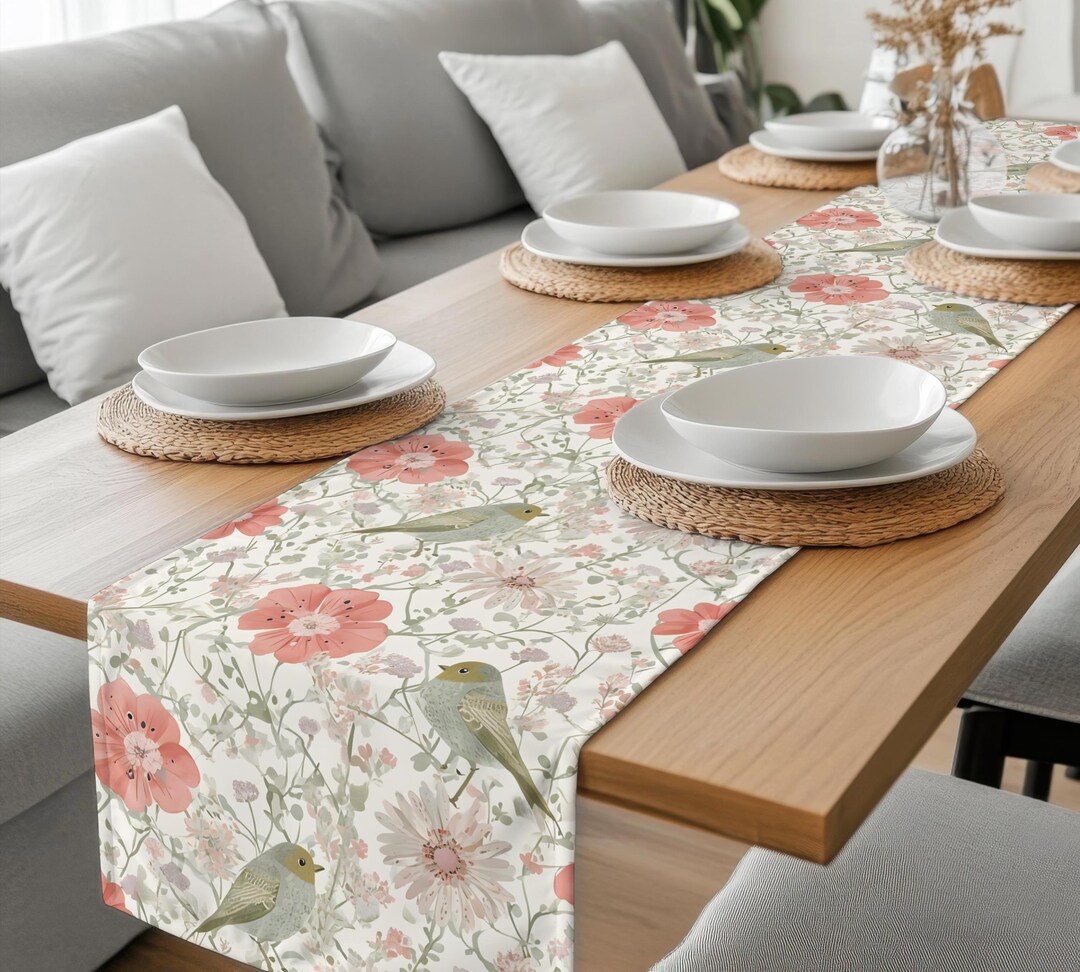 Floral Birds Table Runner & Placemat Set: Spring Cotton Dining Linens ...