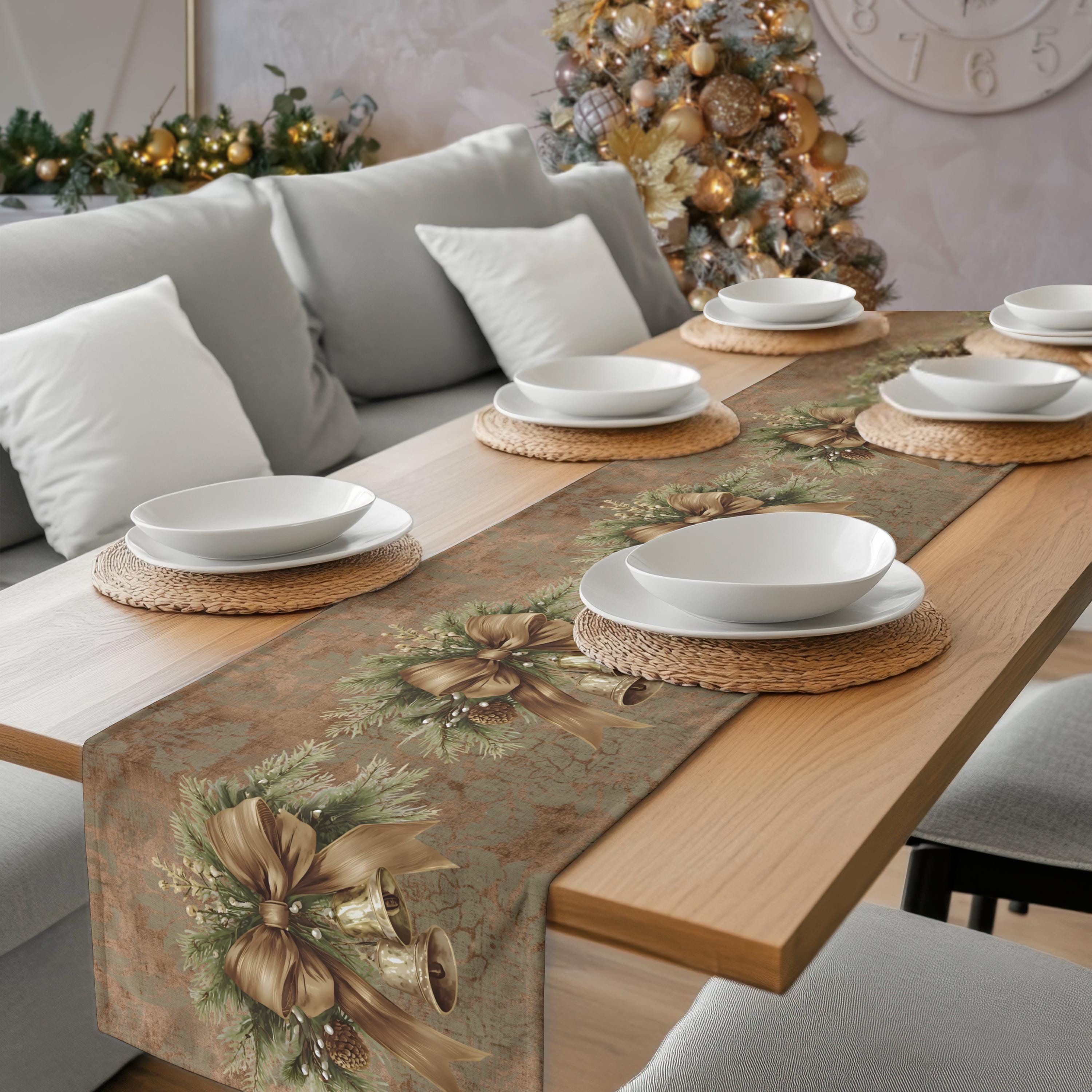 Vintage Christmas Table Runner: Bells & Gold Bows, Rustic Holiday Decor ...