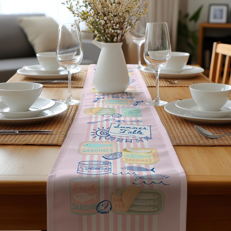 Sardine Table Runner: Vintage Coastal Kitchen Decor, Retro Foodie Gift ...