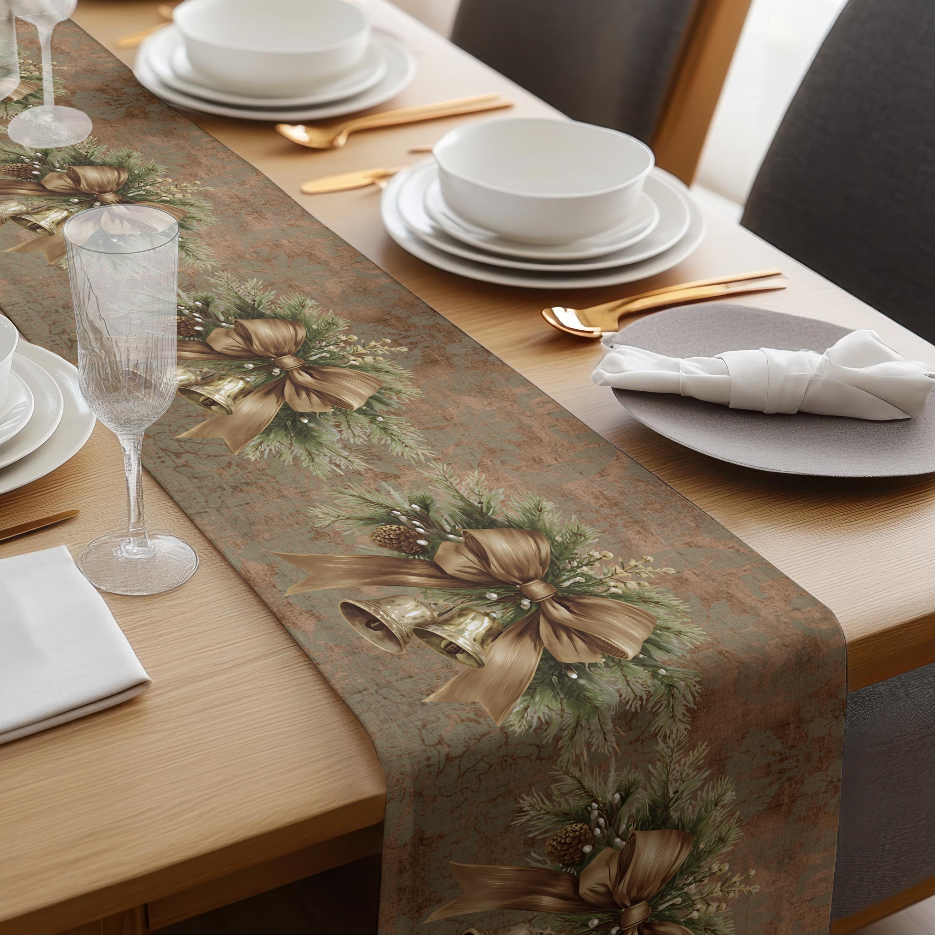 Vintage Christmas Table Runner: Bells & Gold Bows, Rustic Holiday Decor ...