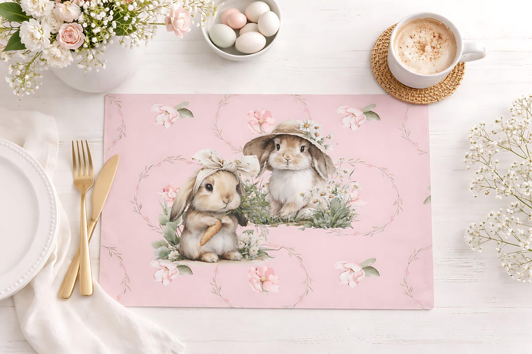 Spring Bunny Placemat, Cottagecore Rabbit Table Mat, Pink Floral Easter ...