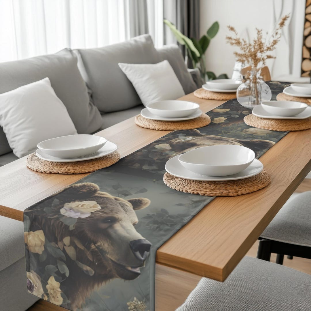 Bear Table Runner With Flowers for House Warming Gift, Nature-inspired ...