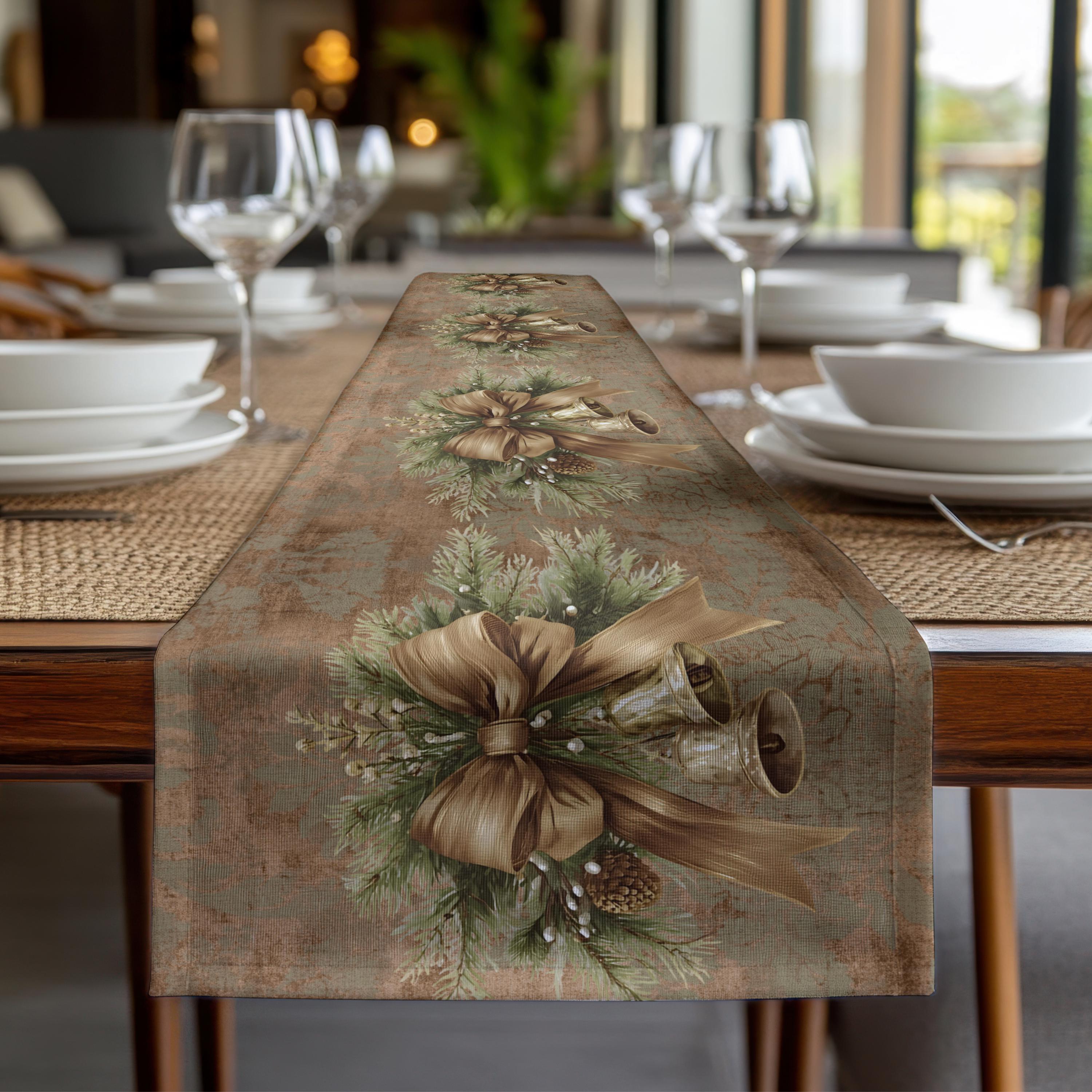 Vintage Christmas Table Runner: Bells & Gold Bows, Rustic Holiday Decor ...