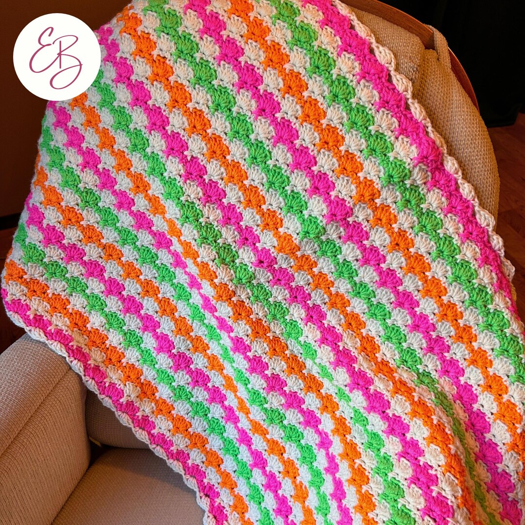 Neon Rainbow Spring Floral Seashells Pattern Blanket - Handmade Crochet ...