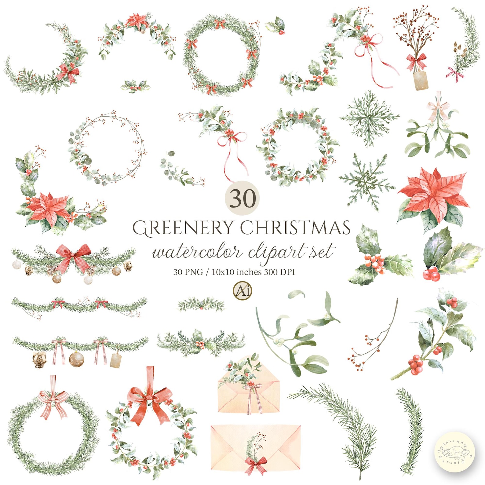 Holiday Wreath, Watercolor Clipart, Hand Painted, PNG File, Christmas ...